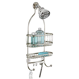 iDesign York Metal Wire Hanging Shower Caddy, Extra Wide Space for Shampoo, Conditioner, and Soap with Hooks for Razors, Towels, and More, 10" x 4" x 22", Satin Silver