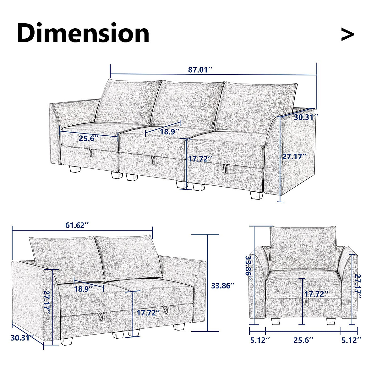 HONBAY Modern Fabric Living Room Furniture Sets 3 Pieces Sofa Loveseat and Armchair Set Modular Sofa Sectional Couch Set in Aqua Blue