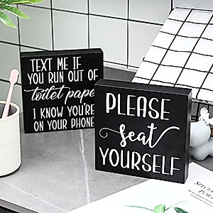 2 Pieces Funny Farmhouse Bathroom Signs Decor Classic Wooden Box Sign Rustic Toilet Paper Sign Guest Restroom Wooden Wall Art for Home Bathroom Toilet Decoration, 6 x 6 Inch(Classic Style)