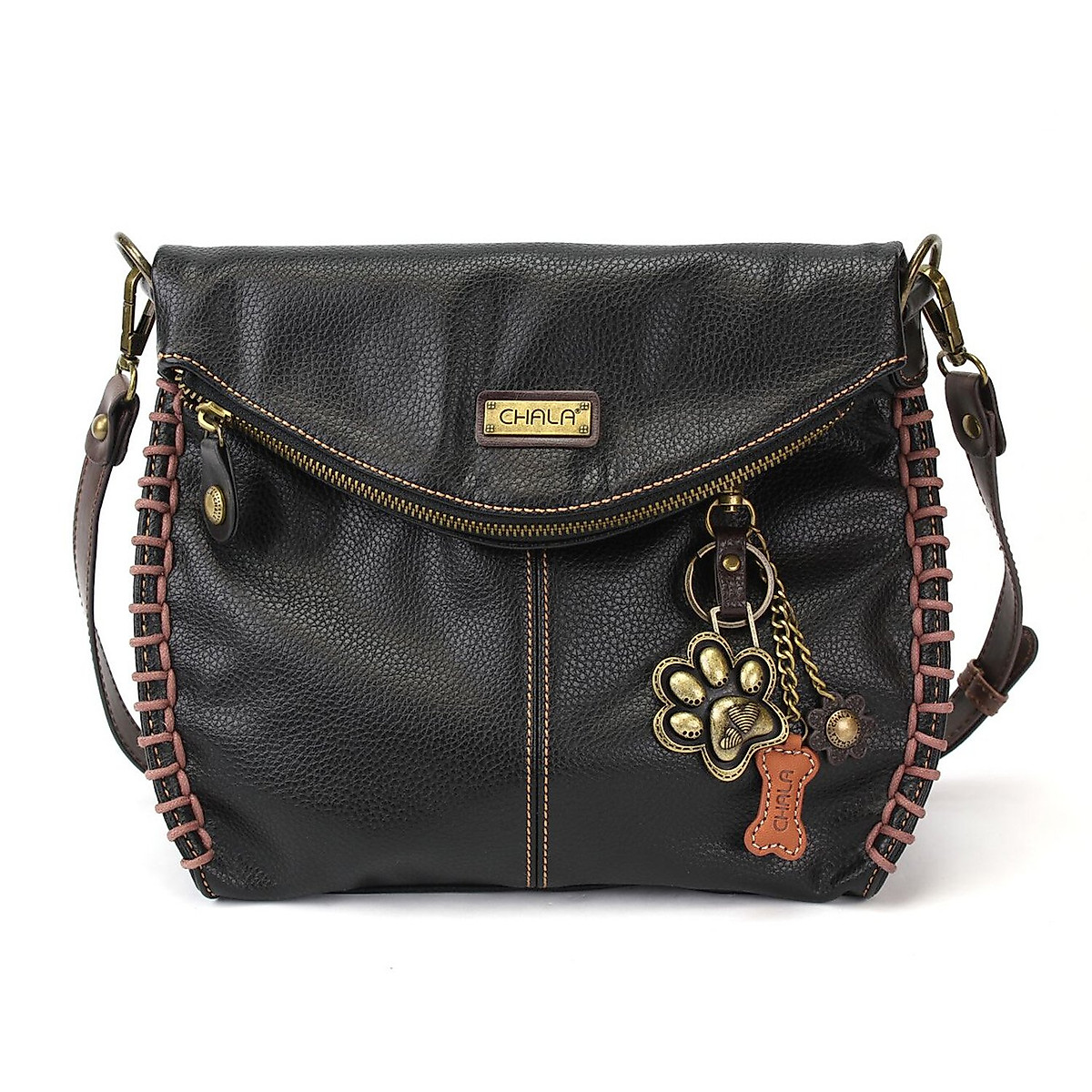 Chala Charming Crossbody Bag With Flap Top | Flap and Zipper Black Cross-Body Purse or Shoulder Handbag with Metal Chain - Paw Print