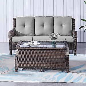 Belord Outdoor Coffee Table with Tempered Glass Top, Patio Rectangular Brown Wicker Table, Handwoven Rattan Coffee Table Compatible with Patio Furniture Sets for Porch Deck Backyard