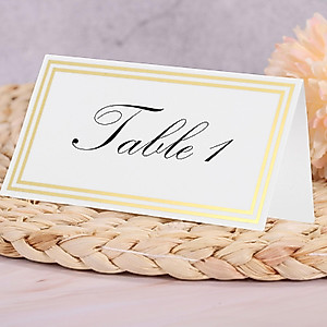 MECCANIXITY 20pcs Place Cards, Line Border Printable Place Name Cards for Table Setting Wedding Dinner Parties Events Reserved Seating, White Gold Double Line