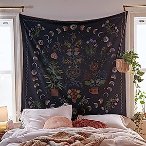 Senledas Botanical Moon Phase Tapestry, Moonlit Garden Wall Hanging Nature Floral Plant Tapestries Mysterious Tapestry Gift Art Home Bedroom Decor Living Room Wall Art Tapestry (51.2ʺ x 59.1ʺ)