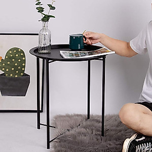 VECELO Side/End Table, Folding Round Metal Anti-Rust and Waterproof Outdoor or Indoor Tray for Living Room Bedroom Balcony and Office, 1 PCS, Black