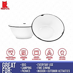 Red Co. Set of 2 Enamelware Metal Large Classic 4 quart Round Salad Serving Bowl, Distressed White/Black Rim