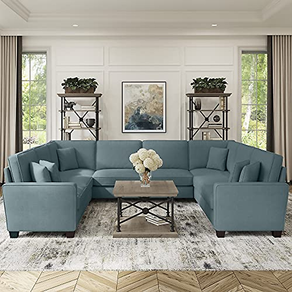 Bush Furniture Stockton U Shaped Sectional Couch, 123W, Turkish Blue Herringbone