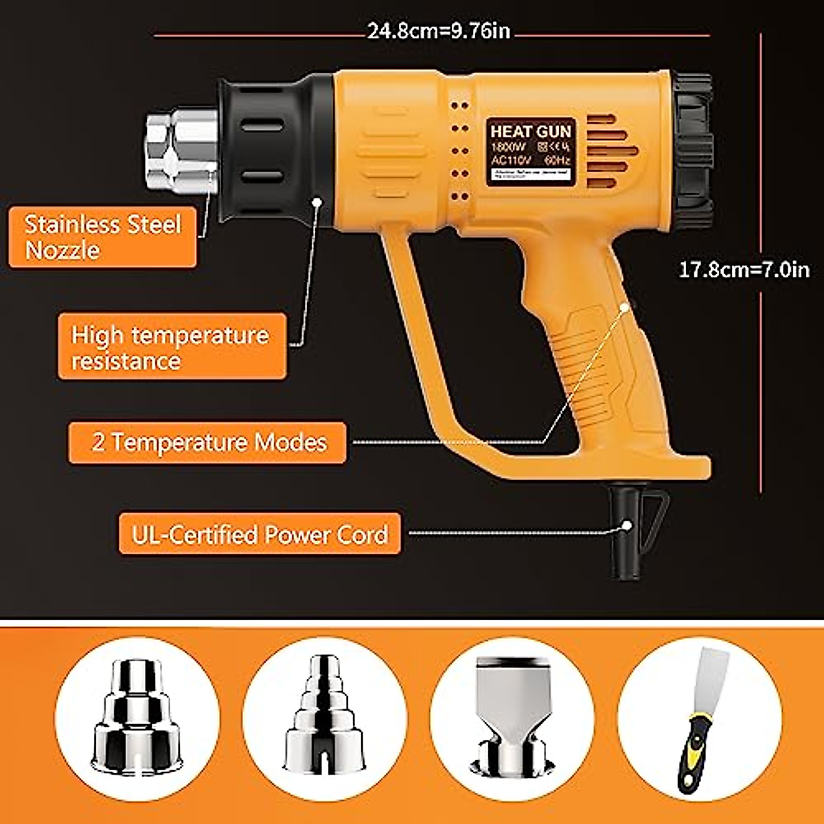 Heat Gun, TGK® HG5100 Dual Temperature Hot air Gun, High And Low Temperature Settings 1112℉/662℉ with Overload Protection, 4 Nozzle Attachments for Crafts, Shrink Wrapping/Tubing/PVC, Paint Removing
