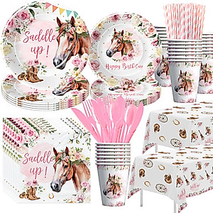 HIPVVILD Cowgirl Party Decorations Tableware - Horse Theme Saddle Up Western Party Supplies, Plate, Cup, Napkin, Cutlery, Tablecloth, Wild West Cowgirl Birthday Baby Shower Decorations | Serve 24