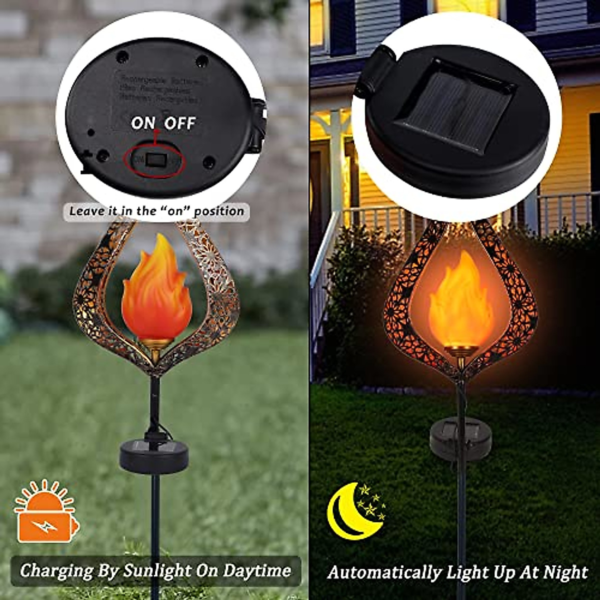 Glintoper 2 Pack Solar Garden Stake Lights Outdoor, Solar Powered Flickering Flame Lights, Dancing Flames LED Landscape Lighting, Halloween Christmas Decorative Torch Art for Yard Walkway Pathway Lawn