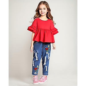 NZRVAWS Baby Girl Clothes 18 Months Toddler Clothing Infant Jeans for Kids 24 Months Ruffle Outfits Fall Winter Shirt Tops + Floral Denim Jeans Pants