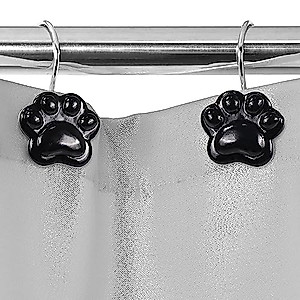 Black Decorative Shower Curtain Hooks: Cute Lovely Funny Cat Dog Bear Animal Paw Print Shower Curtain Rings Hooks & Hangers for Kids Children Bathroom Décor - Set of 12