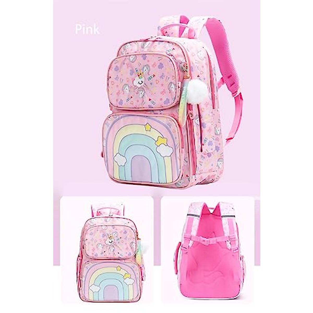 Uamdrup 16inch Pink Rainbow Backpack, Cute Unicorn Waterproof Durable BookBag Lightweight Causal Daypack For Travel Outdoor
