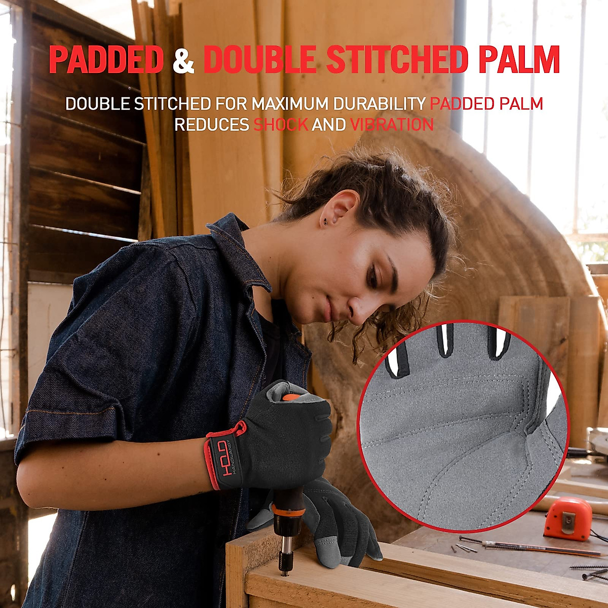 HANDLANDY Mens Work Gloves Touch Screen, Synthetic Leather Utility Gloves, Flexible Breathable Fit- Padded Knuckles & Palm (Large, Black)