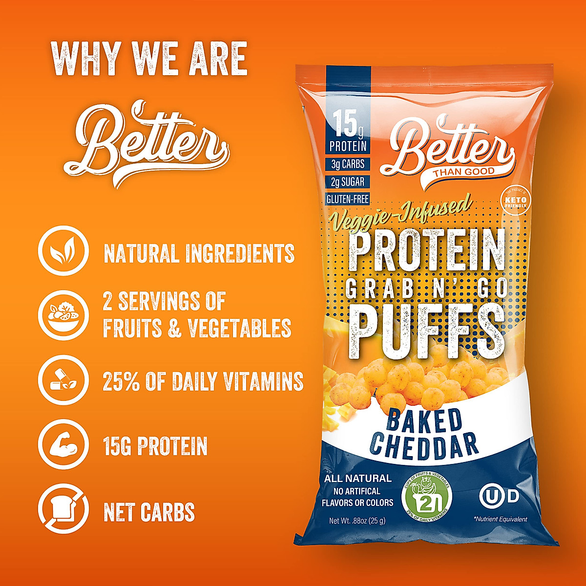 Better Than Good Savory Keto, Gluten-Free Baked Cheddar Protein Puffs (4-Pack) - Paleo, Low Sugar, Low Calorie, Diabetic Friendly Snacks | 15g Protein & 2 Servings of Fruits & Veggies