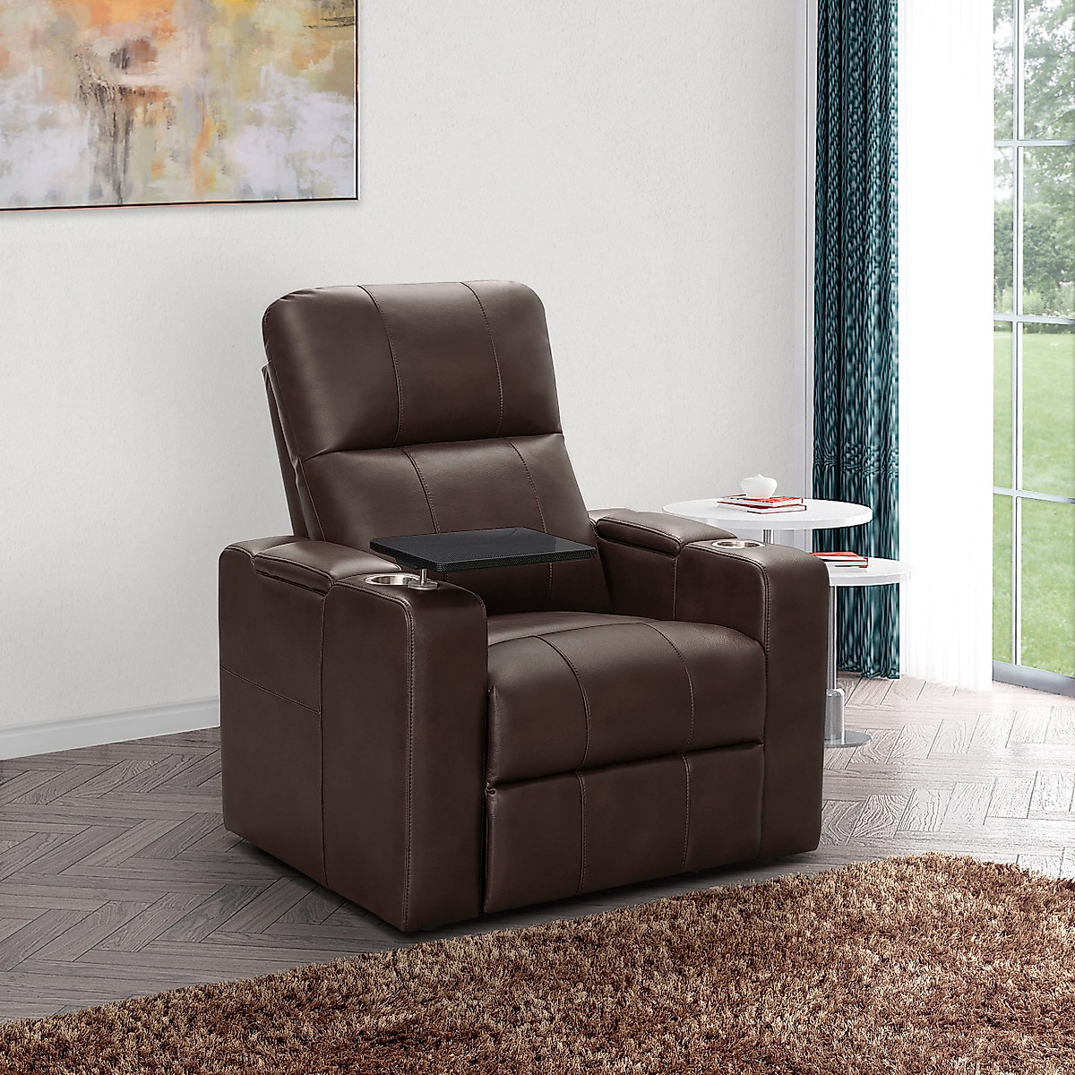 Abbyson Living Rider Powered Reclining Theater Chair - Built in USB/Power Outlet, Cup Holders, Tray/Side Table, Faux Leather Home Theater Chair, Brown