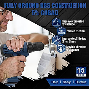 COMOWARE Cobalt Drill Bit Set- 15Pcs M35 High Speed Steel Twist Jobber Length for Hardened Metal, Stainless Steel, Cast Iron and Wood Plastic with Indexed Storage Case, 1/16"-3/8"