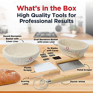 Bread Proofing Basket Set of 2 - Round 9" & Oval 8" Sourdough Bread Baking Supplies w/Linen Liner, Scrapers, Scoring Lame, Whisk, Blades Banneton Proofing Baskets - Sourdough Starter Kit for Beginners