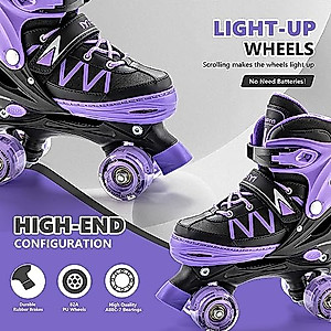 2PM SPORTS Roller Skates for Girls, 4 Size Adjustable Light up Kids Skates, Beginner Roller Skates for Boys Indoor Outdoor - Purple Large