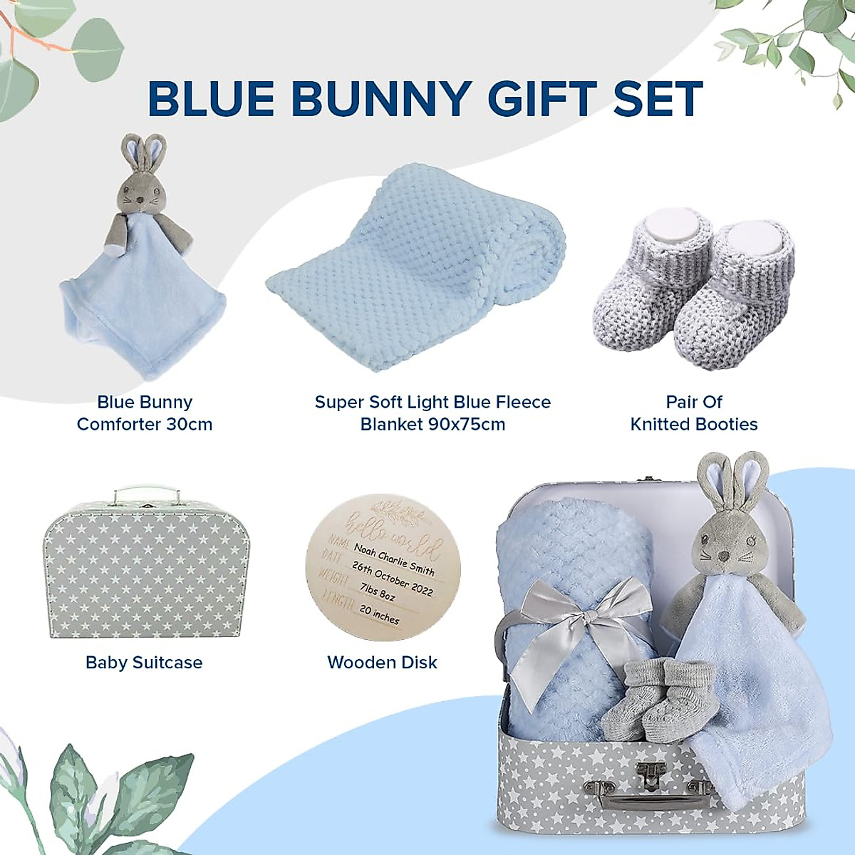 Baby Boy Gift Set New Born Baby Gifts Baby Blue Bunny Security Blanket Soft Fleece, Suitcase Keepsake Box Blanket Booties & Baby Gift Basket – Unique Present for Baby Shower & Newborn Lovey Welcome
