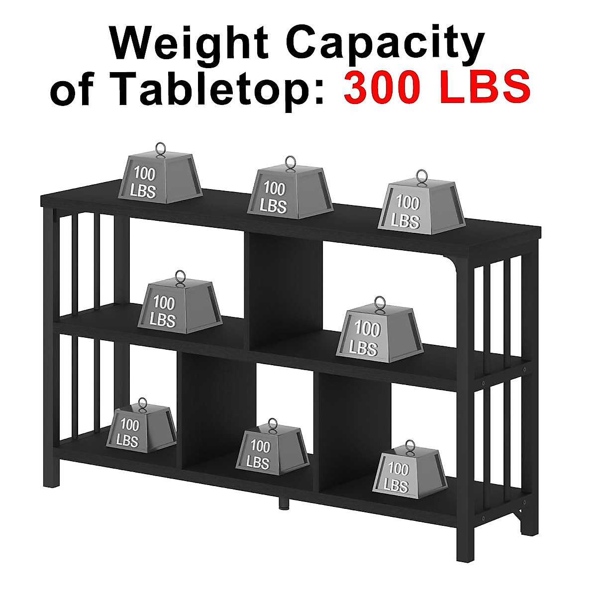 IBF Horizontal Cube Book shelf, Industrial Modern Open Bookshelf, Low Wide Home 5 Cube Storage Organizer Long Shelf for Bedroom, Short Wood and Metal Cubby Book Shelf for Living Room, Black Oak, 47 In