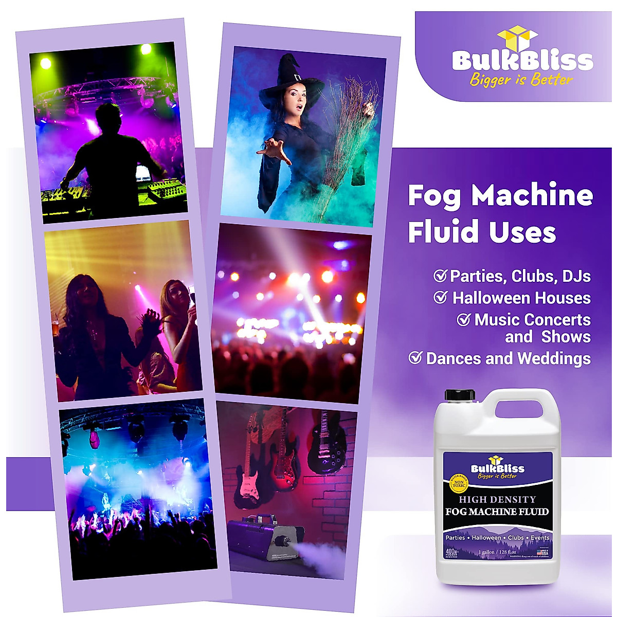 BulkBliss Fog Machine Fluid, Indoor Liquid Formula for Parties and Events, High Density Smoke, 1 Gallon