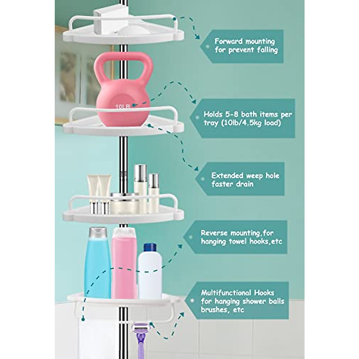 XLHOMO 36 to 122 Inch Corner Shower Caddy Tension Pole, Rustproof Drill-Free Shower Shelves for Bathroom, Shower Organizer with 4 Tier Adjustable Shelves Towel Bars