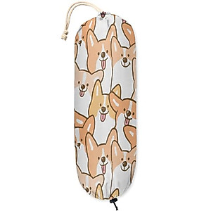Plastic Bag Holder Hanging Cute Corgi Dog Pattern Grocery Bag Organizer Kitchen Plastic Bag Storage/Garbage Shopping Bag Trash Bags Dispenser for Farmhouse Kitchen Home Decor