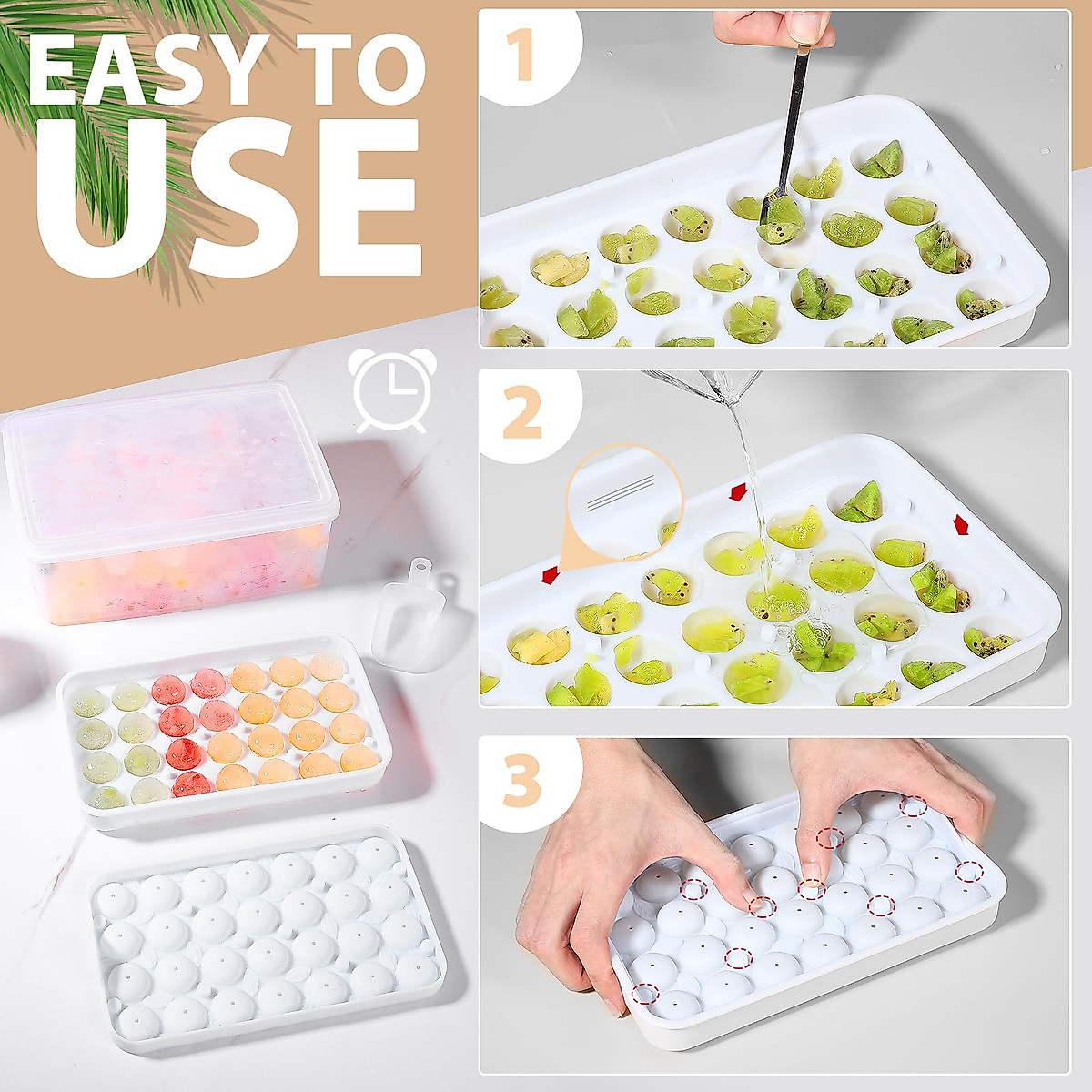 Ice Cube Tray, Silicone Apple Ice Ball Trays Maker, White Small Round Ice Mold for Cocktail, Juice, Whiskey, Freezer, Keep Drink Chille - Easy Release, ROHS and FDA (2 Ice Trays&1 Ice Box&1 Ice Scoop)
