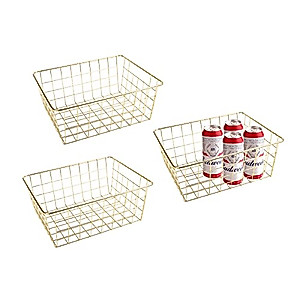 Fvstar 3pcs Wire Storage Baskets for Organizing,Pantry Organization Bins for Cabinets,Metal Basket for Kitchen,Laundry,Garage,Fridge,Bathroom Countertop Organizer (Small, Gold)