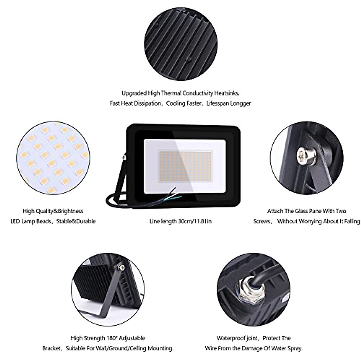 MIHEAL 110V(2 Pack) 100W LED Flood Light, Warm White(2700K), IP68Waterproof Super Bright Security Lights, Outdoor Floodlight for Yard, Garden, Playground, Basketball Court [Energy Class A++]