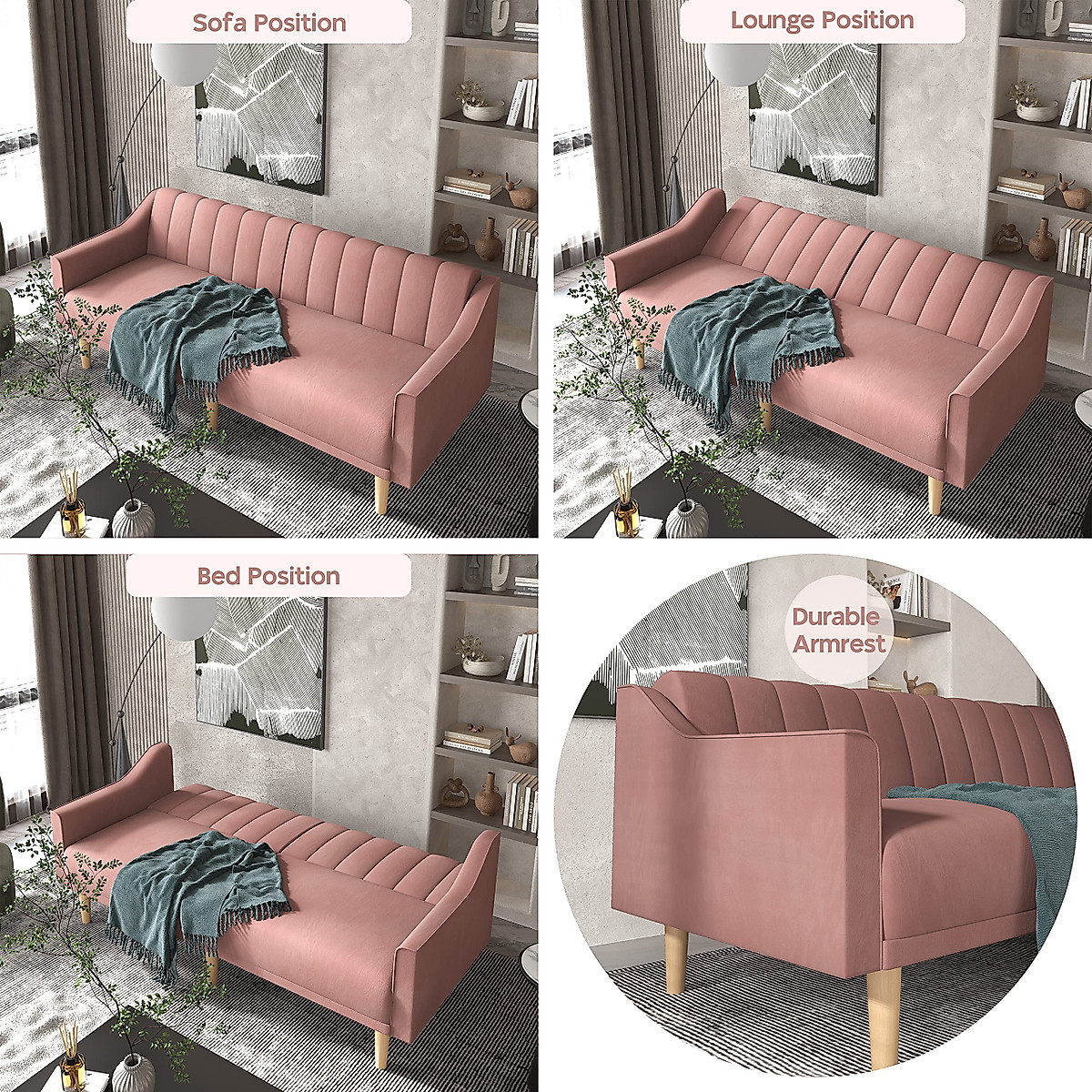 Lonkwa Velvet Futon Sofa Bed Couch, Convertible Sleeper Sofa, 74" Loveseat Futon Couch with Adjustable Backrests, Pink Couches for Living Room Bedroom Apartment