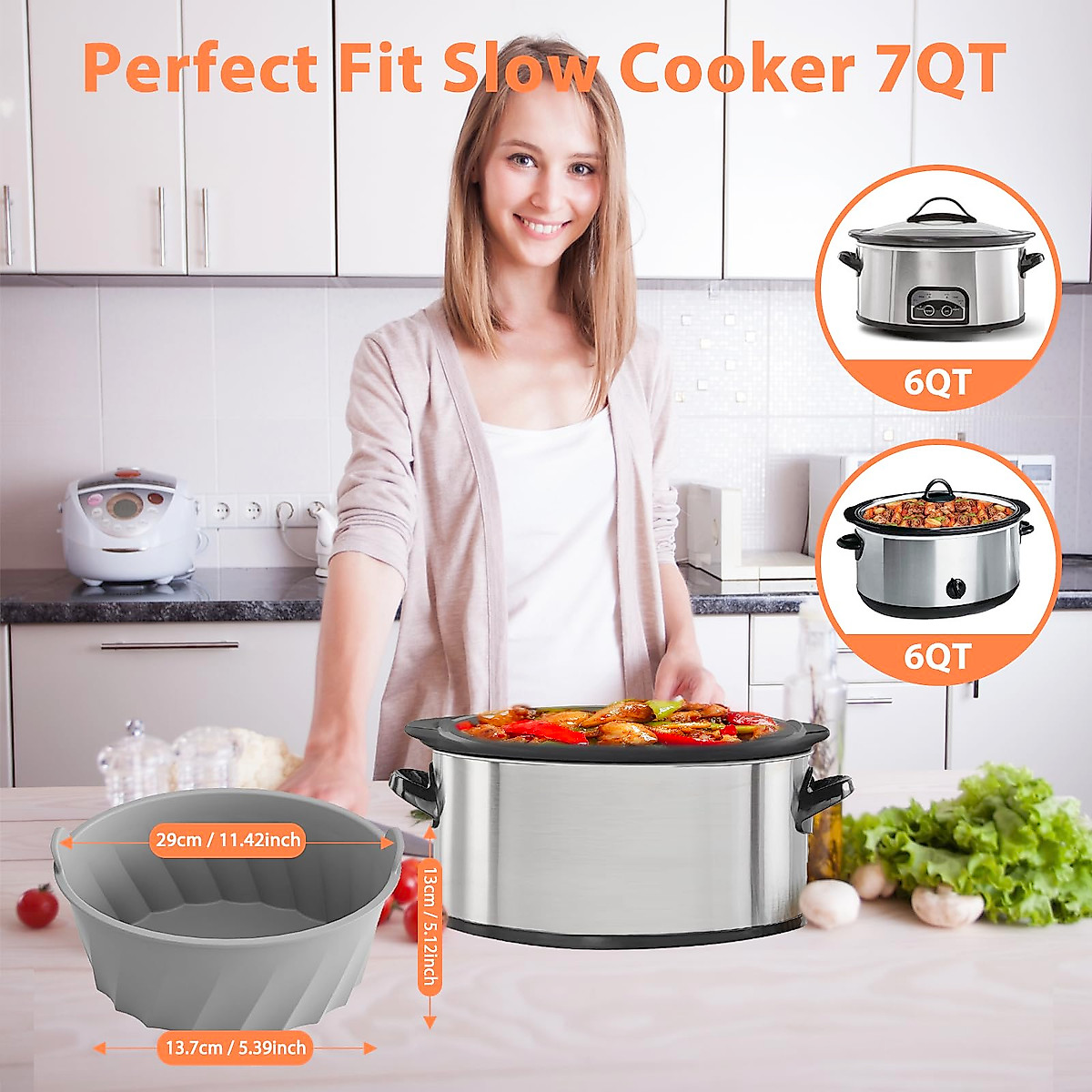 WESIDUNMU Oval-shaped Silicone Slow Cooker Divider Liner Fits 6-7 Quarts | Food-grade Material | Reusable | Extend the Lifespan of Your Inner Bowl | Prevent Food from Sticking to the Pot，Grey