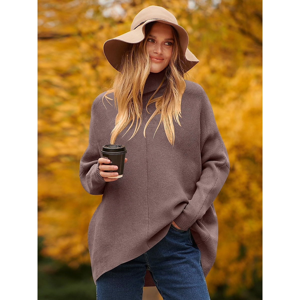 Caracilia Women Turtleneck Batwing Sweaters Oversized Tunic Sweater 2023 Fall Turtleneck High Low Sweater Pullover Knit Jumper Winter Clothes C8A7-doukou-L Brown