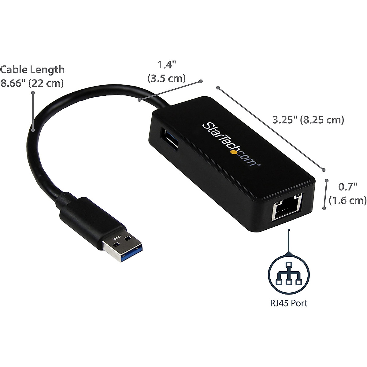 StarTech.com USB 3.0 Ethernet Adapter - USB 3.0 Network Adapter NIC with USB Port - USB to RJ45 - USB Passthrough (USB31000SPTB), Black, 0.7" x 1.4" x 5" x 5"