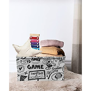 Video Game Cube Storage Organizer Bins with Handles,15x11x9.5 Inch Collapsible Canvas Cloth Fabric Storage Basket,Black Grey Sketch Art Teen 90's Print Gaming Books Kids' Toys Bin Boxes for Shelves