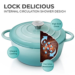 Trustmade 4.5 QT Cast Iron Dutch Oven, Enamel Coated Cookware Pot with Self Basting Lid for Home Baking, Braiser, Cooking, Aqua