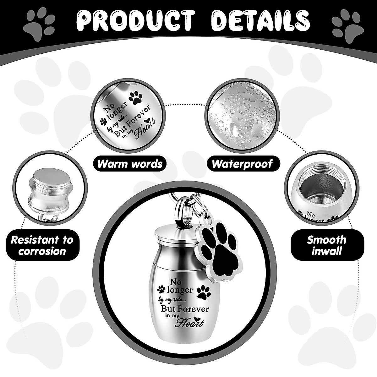 Sasylvia 4 Pcs Pet Urns Keychain Pet Ashes Keychain Dogs Keepsake Cremation Jewelry Stainless Steel Dog Paw Charm Ashes Holder with 4 Storage Bags for Cats Memorial