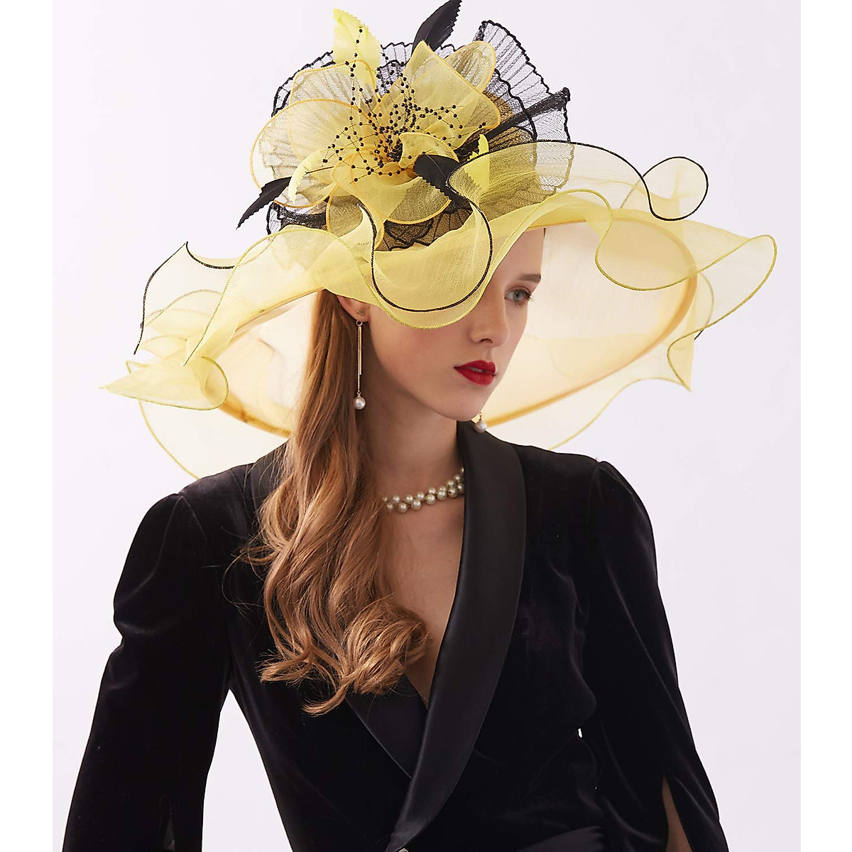 ORIDOOR Women Organza Fascinator Church Kentucky Derby Hat Floral Tea Party Wedding Hat, 003d Yellow, One Size