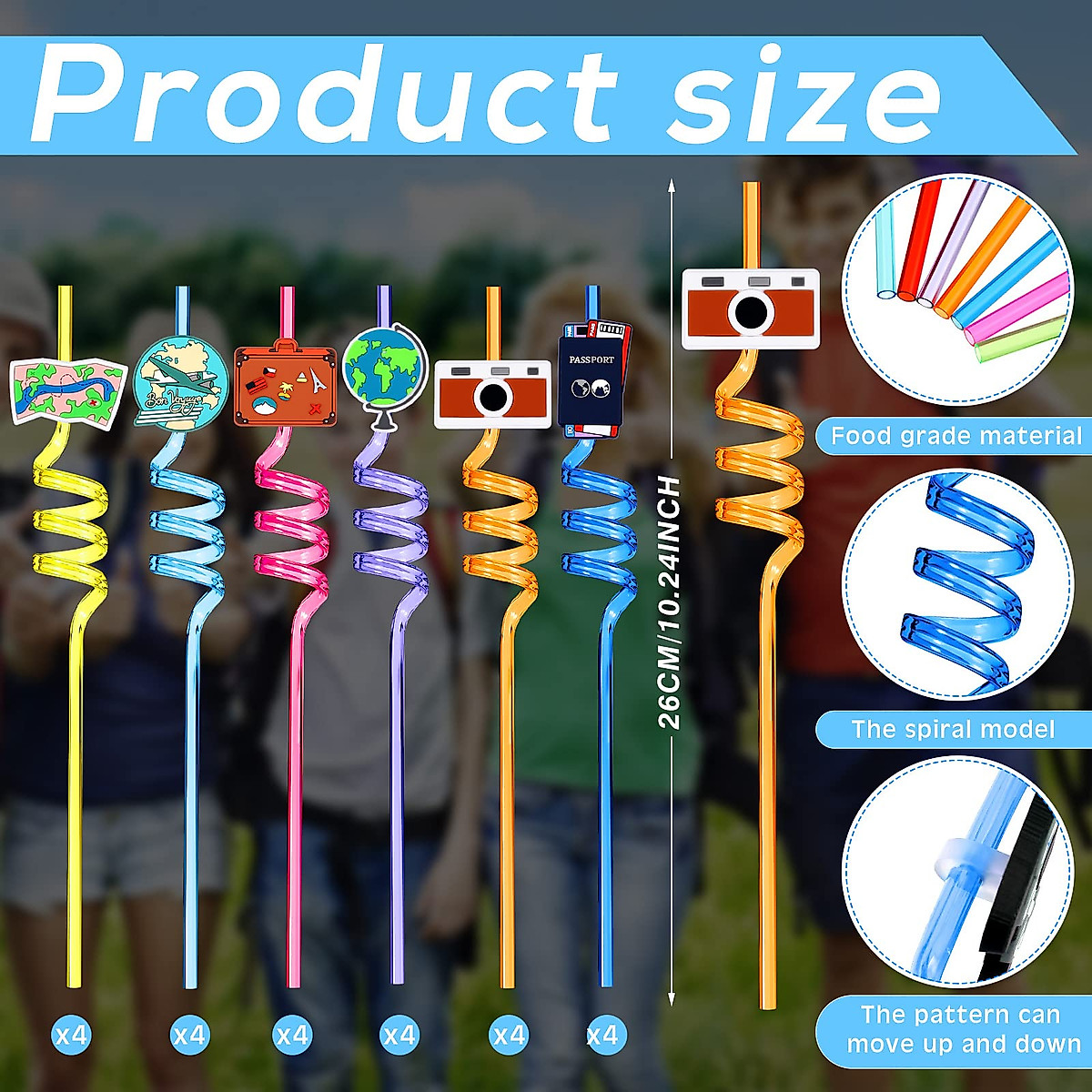 24 Pcs Travel Themed Party Favors Supplies Plastic Drinking Straws, Adventure Awaits Bon Voyage Birthday Party Supplies, Colorful Reusable Straws for Festivals Birthday Summer Beach Party Carnivals