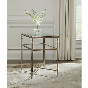 Signature Design by Ashley Cloverty Industrial Mirror-Tabletop End Table with Round Legs and Glass Shelf, Metallic