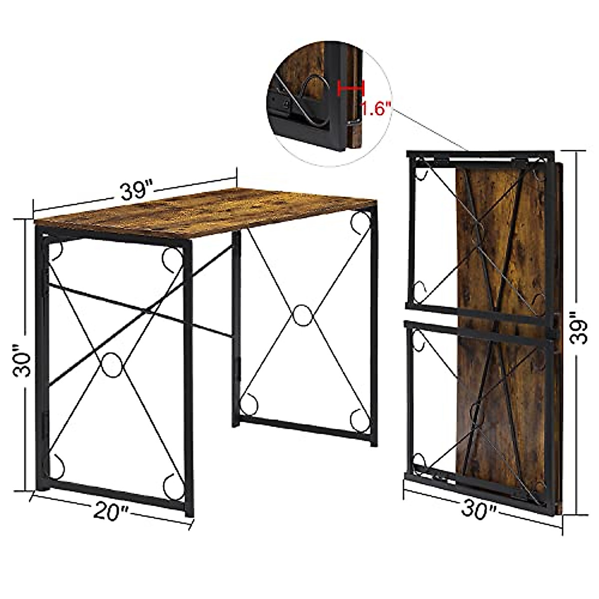 VECELO 39" Writing Computer Folding Desk Sturdy Steel Laptop Table for Home Office Work, No Assembly Required,Antique Brown