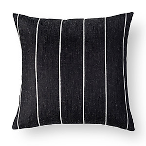 Crumbs Home Modern Farmhouse Fall Linen Indoor Outdoor Throw Pillow Cover Only, 22"x22" Water Repellent for Patio, Backyard, Couch, Black Neutral Vertical Stripes