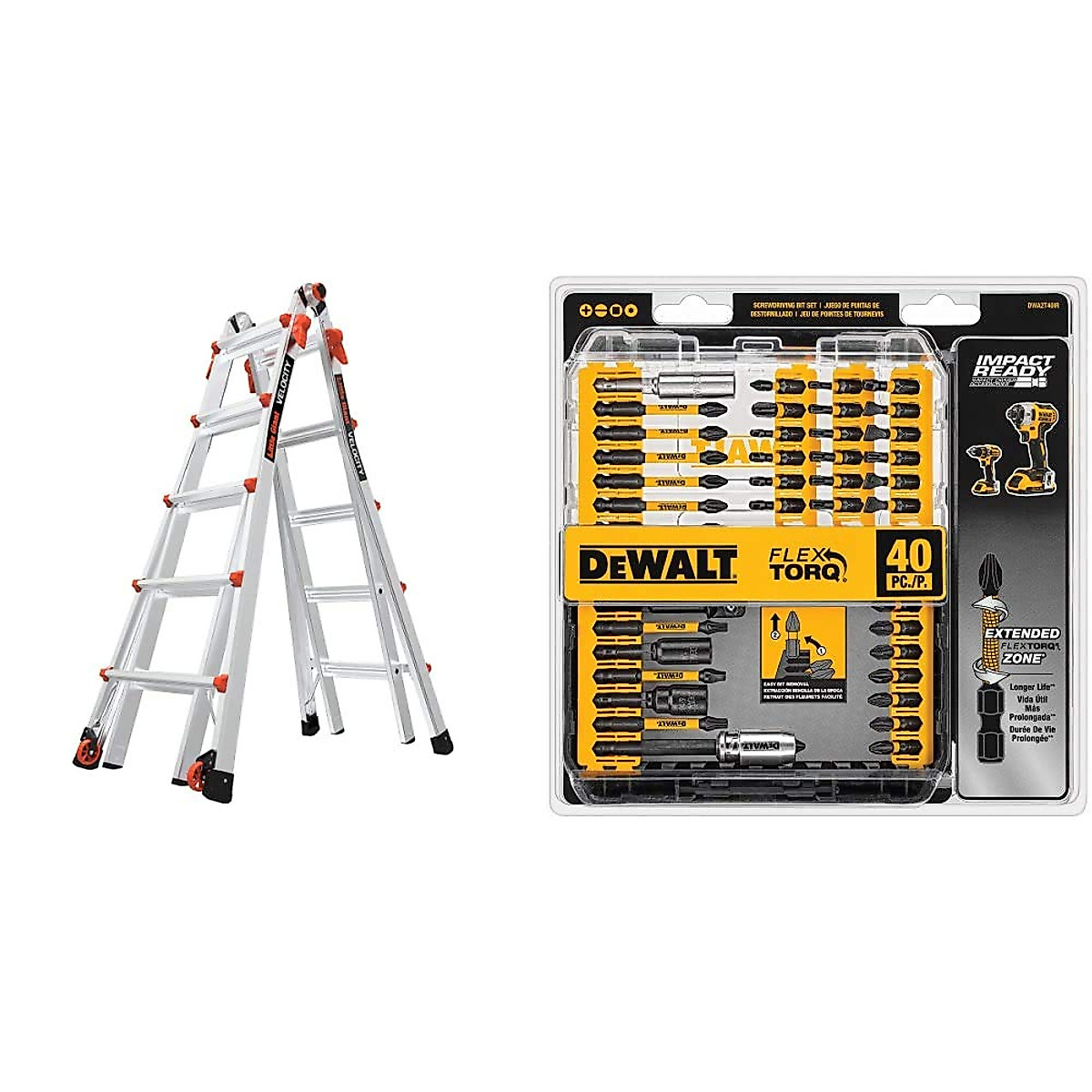 Little Giant Ladder Systems, Velocity with Wheels, M22, 22 Ft, Multi-Position Ladder + DEWALT Screwdriver Bit Set, Impact Ready, FlexTorq, 40-Piece