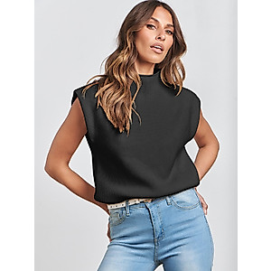 ANRABESS Women's Mock Neck Sleeveless Sweater Vest Casual Cap Sleeve Knit Pullover Tank Tops 2025 Spring Summer Clothes Black-M