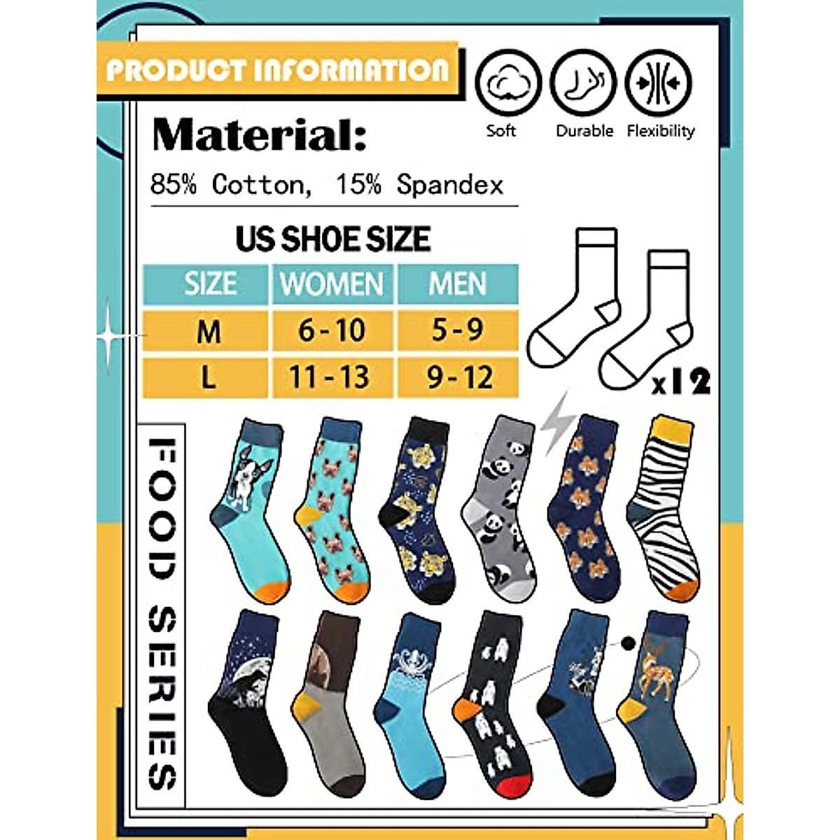 Funny Socks for Women Men Fun Cozy Crazy Cute Novelty Fashion Gift Breathable Cotton Boot Socks Stocking Stuffers（Cute - Animal Style A（12 Pairs）,L)