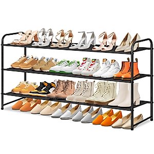 SLEEPING LAMB Long 3-Tier Shoe Organizer for Closet, Stackable Wide Shoe Rack Holds 24-Pairs Shoe Storage Shelf for Bedroom, Floor, Entryway (Black)