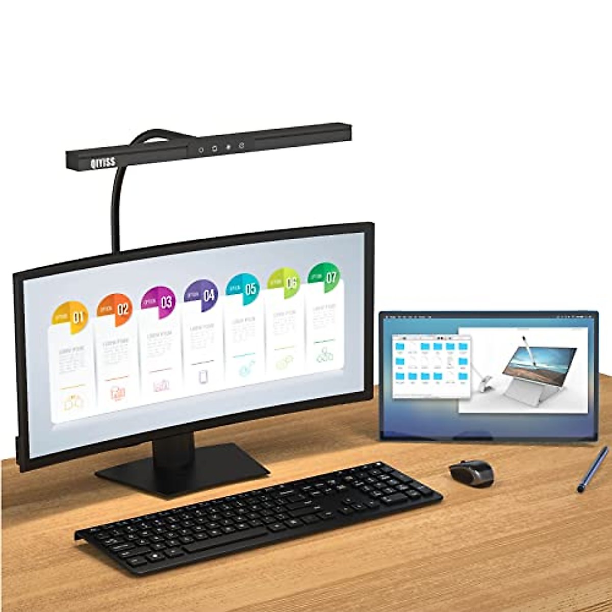QIYISS LED Desk Lamp, Clamp Lamp with Flexible Gooseneck 360°Rotate,12W LED 3 Modes 5 Brightness, Timer，15.75" Wide Office Eye Protection Light 1100LM Large Bright Desk Lights with Stepless Dimming