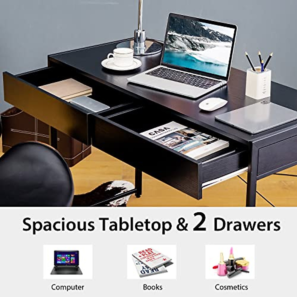 Tangkula Computer Desk with 2 Drawers, 44" Study Writing Table w/Heavy-Duty Steel Frame & Reinforced Structure, PC Desk with Storage for Home Office (Black)