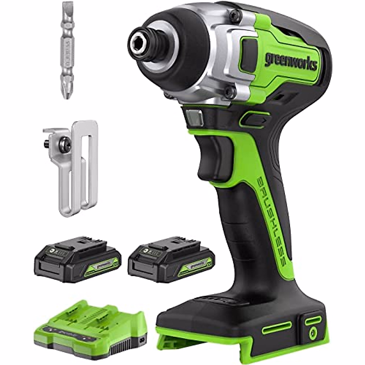 Greenworks 24V Brushless Cordless Impact Driver Kit, 2650 in./lbs Torque 1/4-inch Hex, Variable Speed Impact Drill/Driver Set, Included Power Bank, Bits and Tool Bag