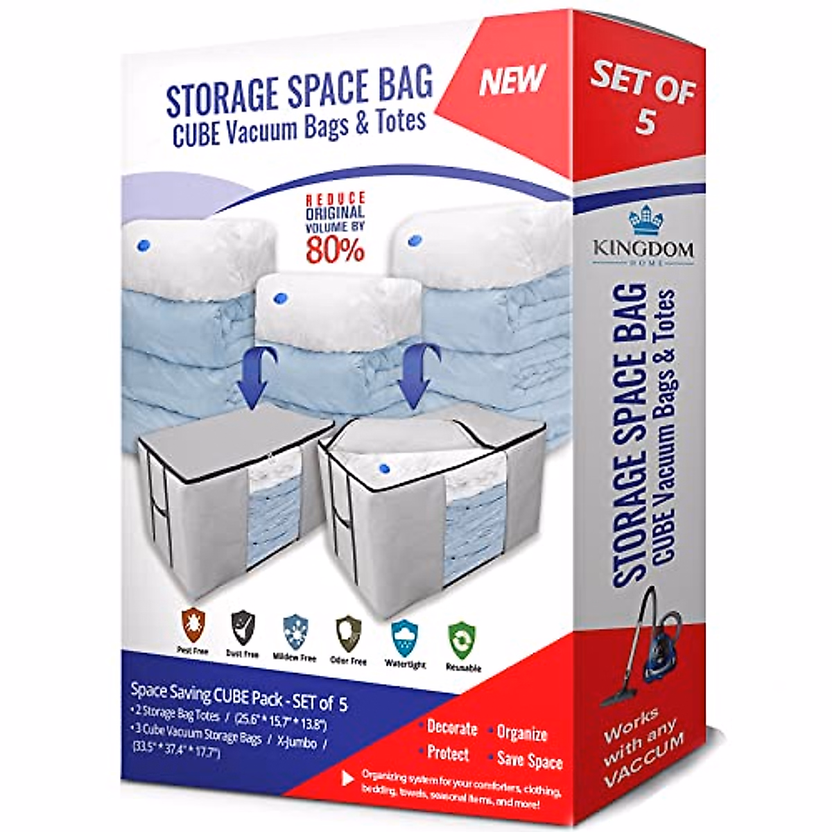 Cube Vacuum Storage Space Bags / Storage Bag Totes with Reusable Cubic Vacuum Compressed Space Saver Bags. Large Capacity Bedroom and Closet Organizing System that Protects Your Comforters, Clothing, Bedding, & More! (X-Jumbo Bundle) (Gray - Set of 5)
